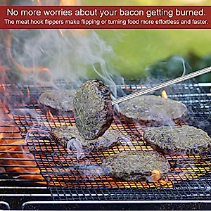 Leonyo 2 Pack Pigtail Food Flipper, 12 Inch Meat Hook Flippers Turners with Stainless Steel Shafts, Substitutes of Grill Tongs, Spatulas, Forks for Kitchen Cooking BBQ, Wooden Handles, Right Handed