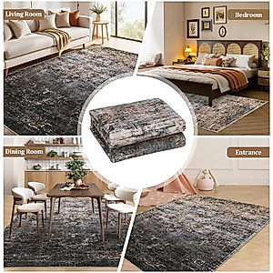 CAROMIO Washable 9x12 Area Rugs, Large Rugs for Living Room Ombre Vintage Distressed Bedroom Rug, Ultra-Thin Soft Non-Slip Area Rug for Dining Room, Brown Multi