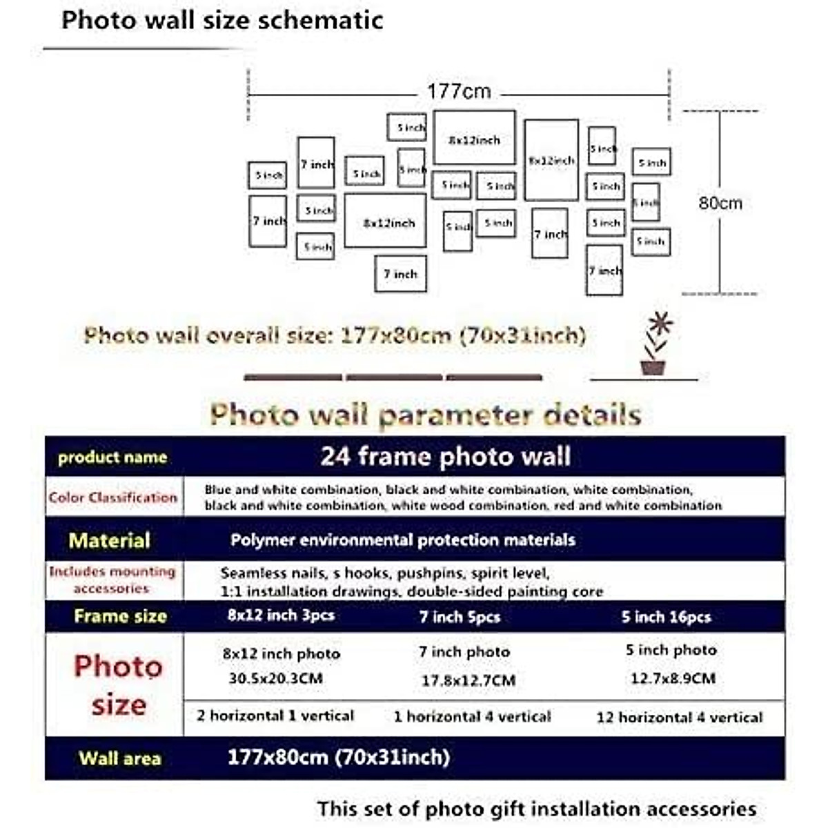 VALKEM 24 Frames Large Multi Picture Photo Frames Wall Set Simple Black White Photo Frame Wall Set Modern Blue Mediterranean Photo Wall Wall Gallery Kit Red Pink Photo Collage Frame (Color : White an