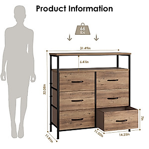 BOTLOG Fabric Dresser for Bedroom with 6 Drawers, Dresser TV Stand with Open Shelves, Chest of Drawers for Closet, Clothes, Wood Top, Fabric Drawers