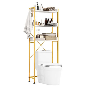 Giantex Over The Toilet Storage Rack, 3-Tier Bathroom Space Saver Organizer with Adjustable Bottom Bar to Fit Most Toilets, Freestanding Above Toilet Storage Rack, Easy Assembly (White + Gold)