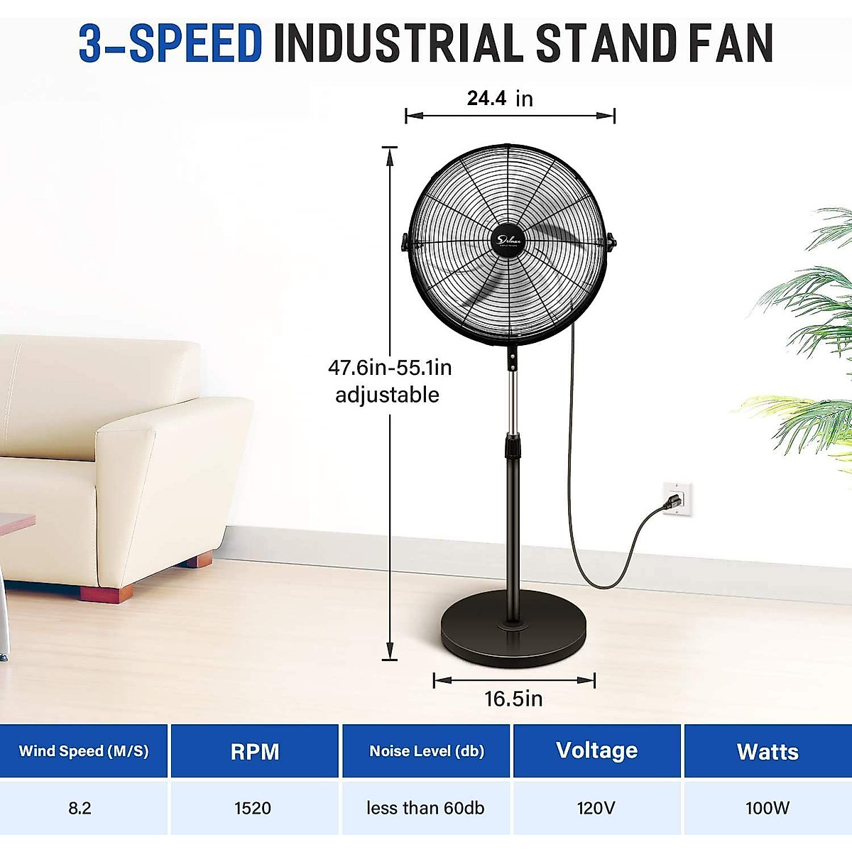 Simple Deluxe 20 Inch Pedestal Standing Fan, High Velocity, Heavy Duty Metal For Industrial, Commercial, Residential, Greenhouse Use, Black