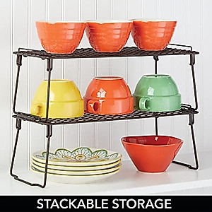 mDesign Metal Stackable Storage Shelf - 2 Tier Raised Food and Kitchen Organizer for Cabinets, Pantry Shelves, Countertops, Closet, 2 Pack, 7" x 17.3" x 6.5" - Bronze