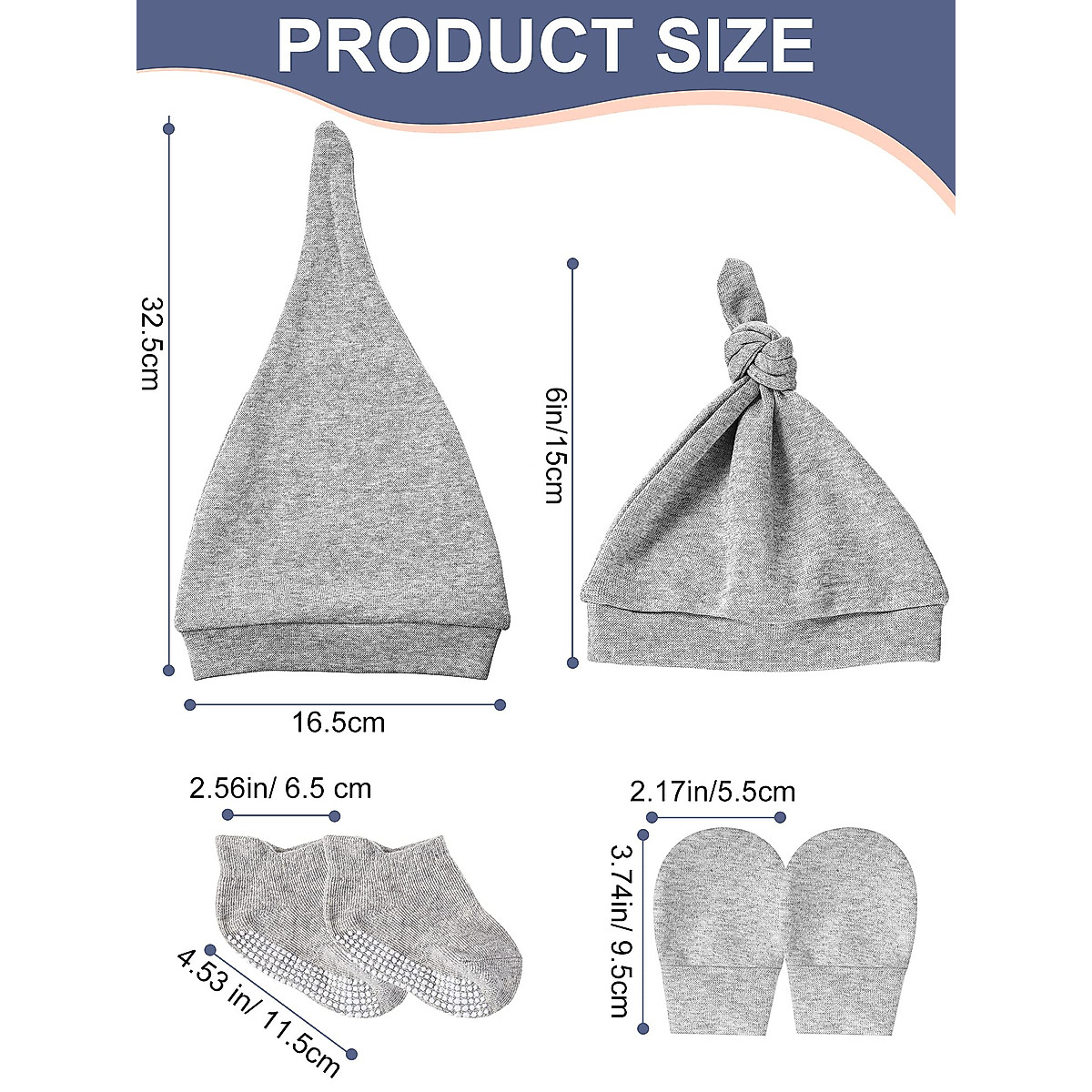 Baby Hats Newborn Knot Beanie No Scratch Mitten Non-Slip Sock for Boys and Girls (White, Gray, Black, Blue, Navy Blue,5 Sets)