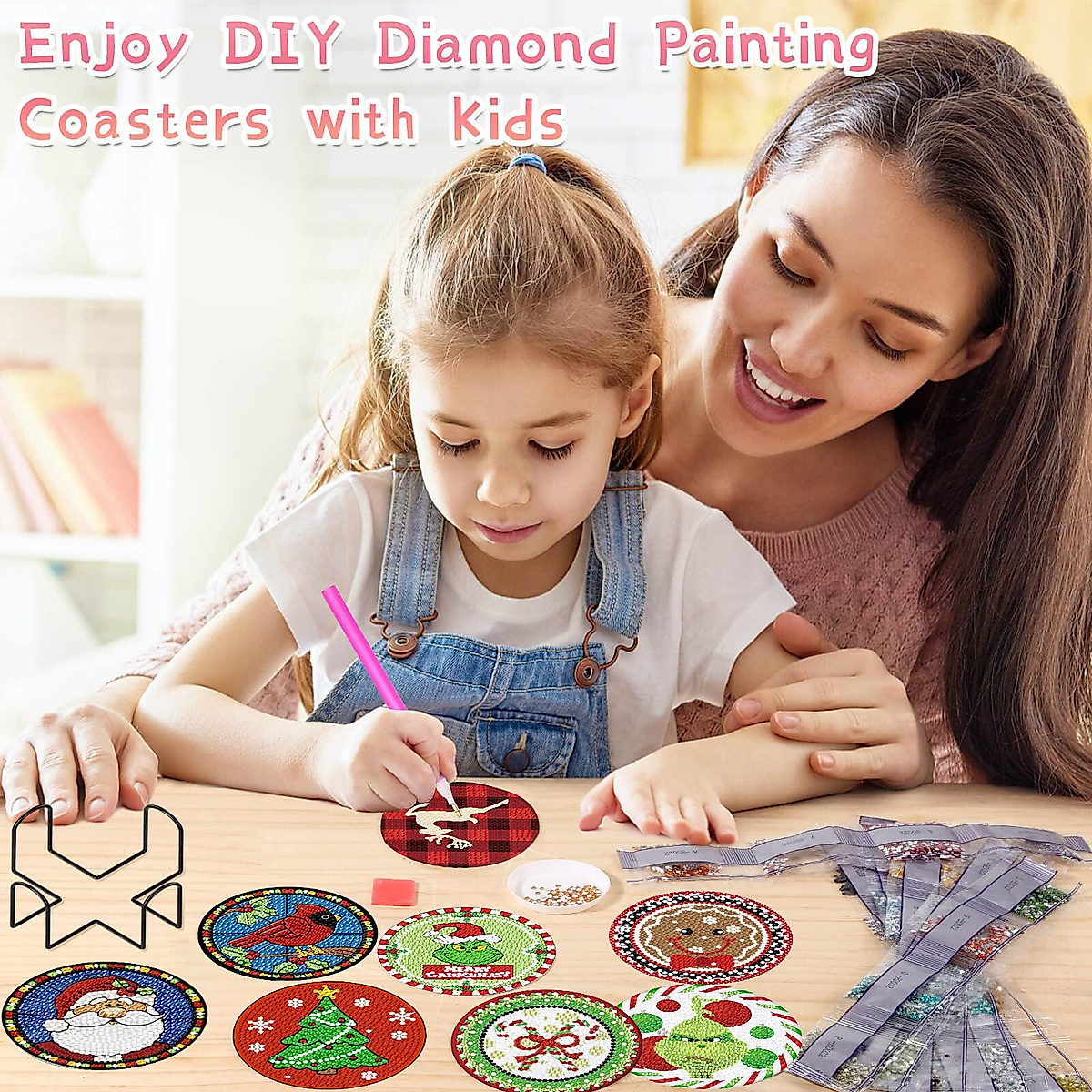 cupmod 8PCS Christmas Diamond Painting Coasters with Holder,Cartoon Diamond Art Coasters Kits for Beginners,Adults & Kids Small Diamond Art Kits Craft Supplies