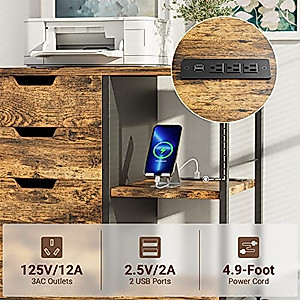 YaFiti Wood File Cabinet for Home Office, 3 Drawer Lateral Filing Cabinets for Printer Stand with Storage and Socket USB Charging Port fits A4 or Letter Size, Rustic Brown