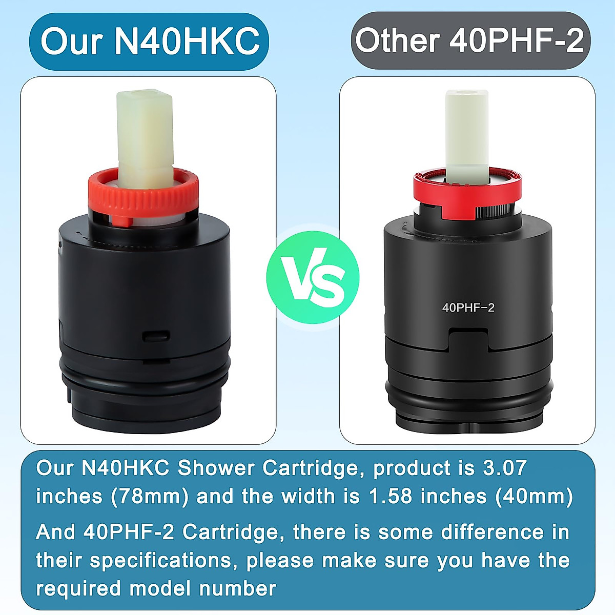 N40HKC Shower Cartridge Replacement,40mm Shower Faucet Cartridge,for Tub/Shower Faucet, the height of the product is 3.07 inches (78mm) and the width is 1.58 inches (40mm), Black (1Pack)