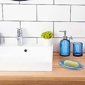 GAOYH Blue Bathroom Accessory Set 3 Piece, Heavy Duty Blue Vertical Stripes Pattern Glass Bathroom Accessory Set,Decorative Glass Bathroom Accessories Include Hand Soap Dispenser,Soap Dish, Tumbler