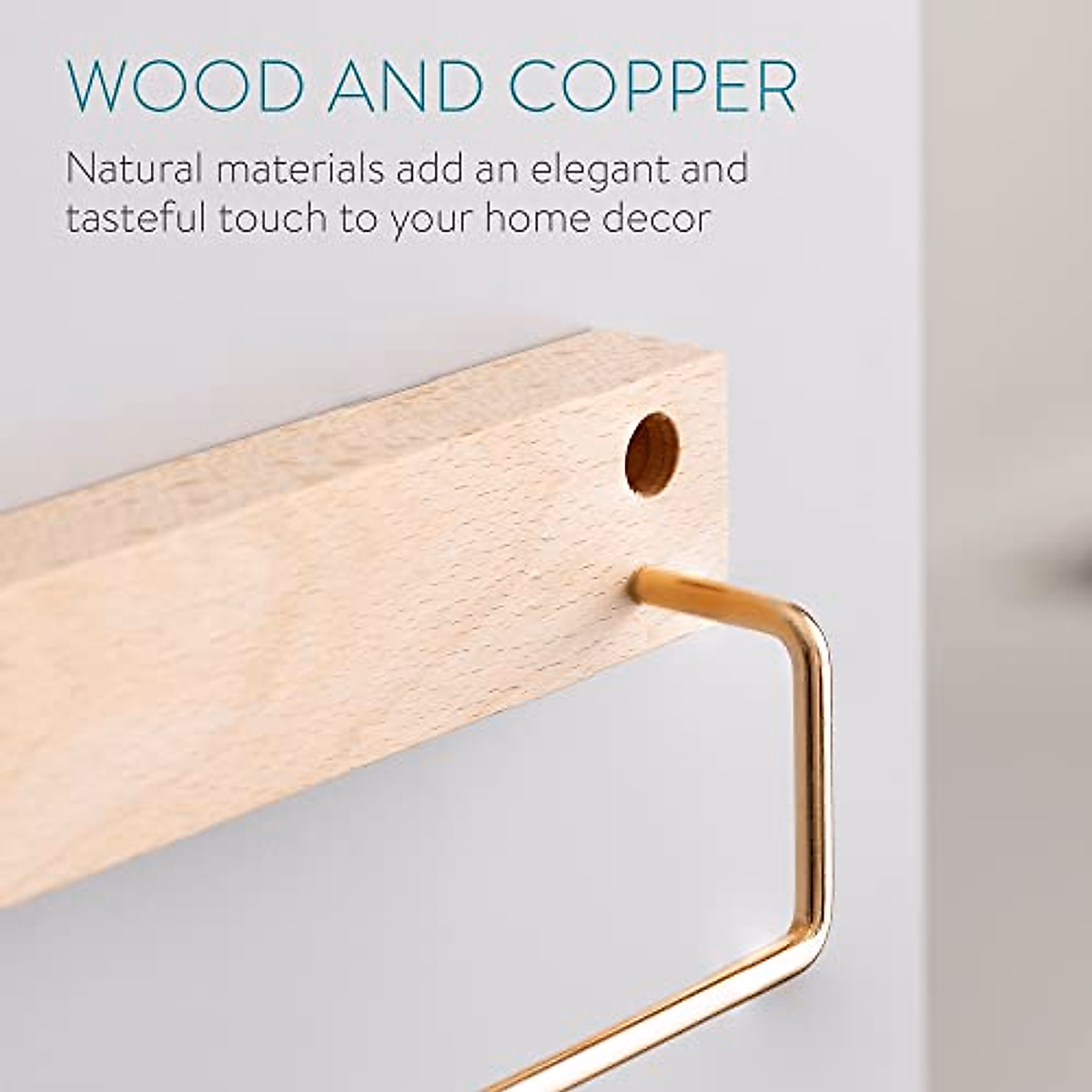 Navaris Hand Towel Holder - Wall Mounted Wood and Copper Rail for Holding Hand Towels - 11-3/4" Wooden Rack Small Metal Hang Bar for Bathroom Kitchen