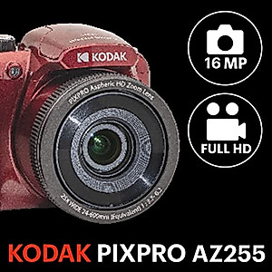 KODAK PIXPRO Astro Zoom AZ255-RD 16MP Digital Camera with 25X Optical Zoom 24mm Wide Angle 1080P Full HD Video and 3" LCD (Red)