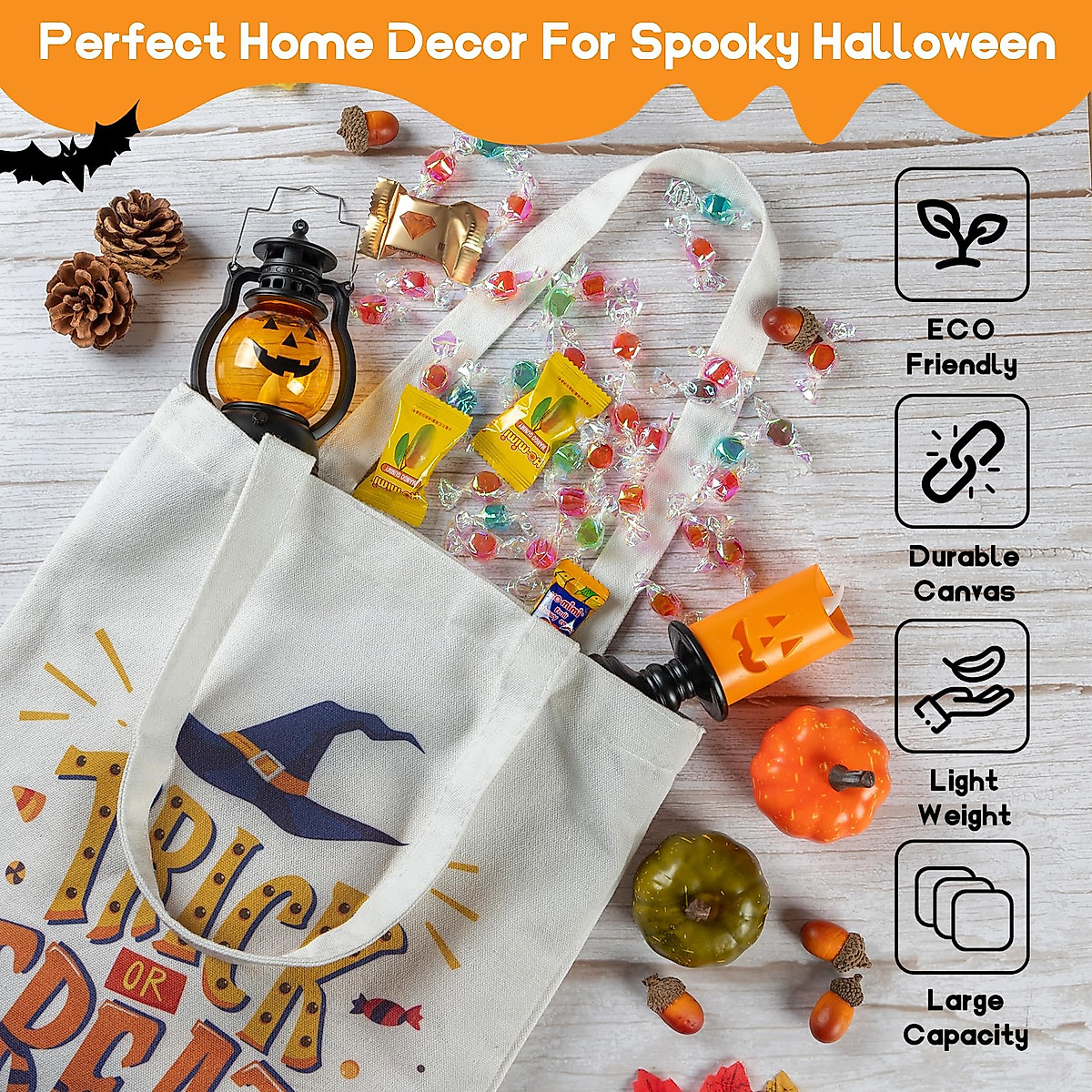 ATFUNSHOP Trick or Treat Bags Halloween Bags 15.7'' Witch Hat Canvas Reusable Large Tote Bucket for Kids