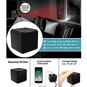 Total Invisible Covert 940nM IR Charging Cube with Light Sensor (6 High Power LED Illuminator Array) 30ft Range, 150 deg, 5VDC