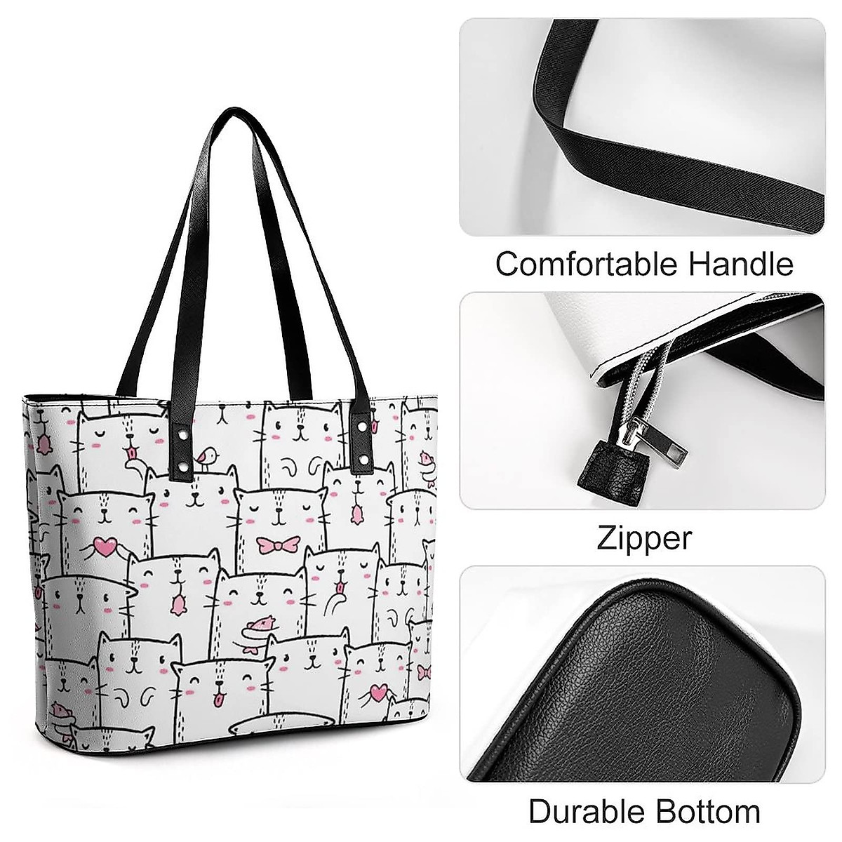 Womens Handbag Cats Doodles Pattern Leather Tote Bag Top Handle Satchel Bags For Lady