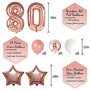 80th Birthday Decorations for Women, Happy Birthday Banner, Number 80 Foil Balloon Happy Birthday Cake Topper Rose Gold Curtain Happy 80th Birthday Sash Anniversary Decorations Birthday Backdrop