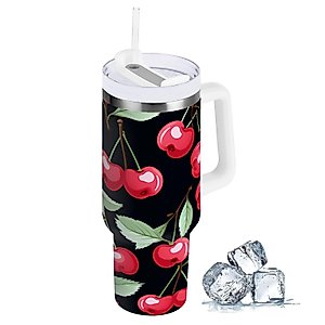 ARGTILDN 40 oz Tumbler Cherry Fruit Leaves Insulated Travel Mug with Handle and Straw Lid Stainless Steel Vacuum Coffee Cup Tea Beverage Container Water Bottles for Car Sports office