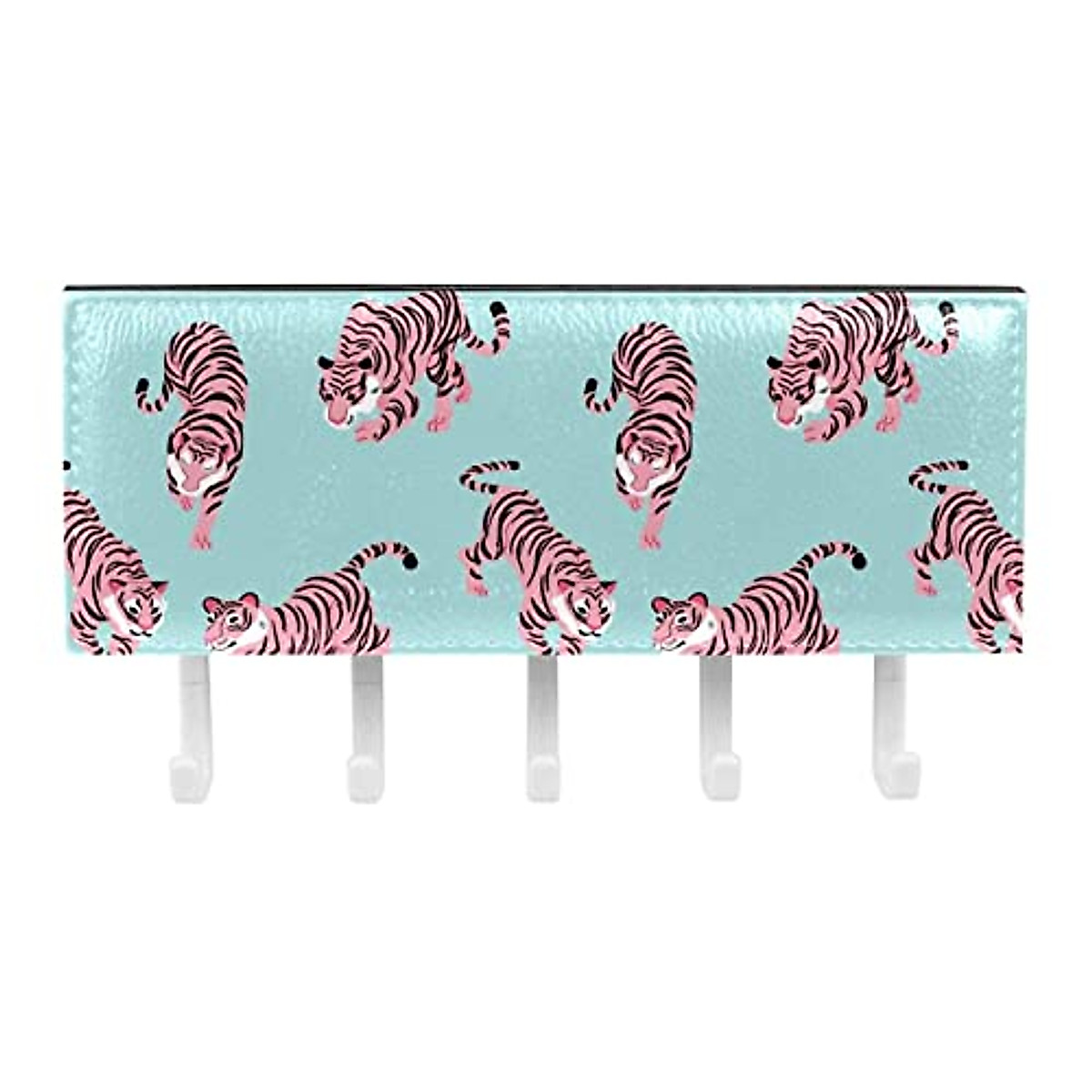 Leather Hook Rack Rail Wall Mounted, Pink Tige Pattern Blue Background Coat and Hat Self Adhesive Hooks up for Hanging Pant Towel Key Purse Kitchenware