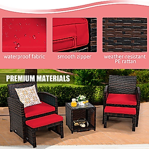 Tangkula 5 Pieces Patio Rattan Furniture Set, Outdoor Conversation Set with Cushioned Chair & Ottoman & Tempered Glass Coffee Table, All Weather Patio Sofa Sets for Garden, Backyard, Poolside (Red)