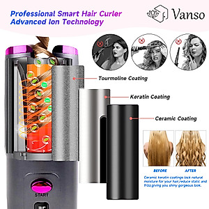 vanso Cordless Automatic Curling Iron,Ceramic Auto Hair Curler with LCD Display 6 Temps & Timers,Portable USB Rechargeable Curling Iron Wand,Detangle & Scald-Free,Fast Heating for Hair Styling