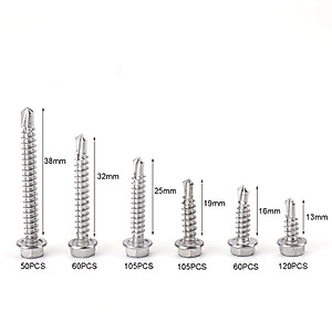 Suwimut 500 Pieces 410 Stainless Steel #8 Self Tapping Sheet Metal Tek Screws Assortment, Hex Washer Head Assorted Screws with Drill Point, Self Driller
