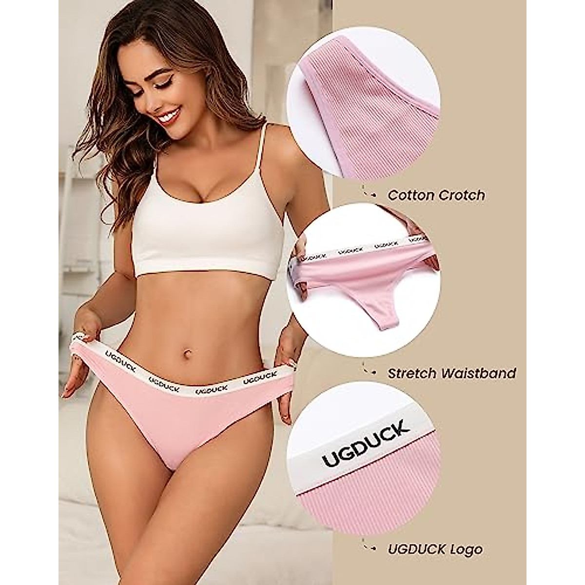 UGDUCK Thongs for Women Pack, Cotton Thongs for Women 6 Pack Cotton Panties High Rise Breathable Underwear S-XL Multicolor
