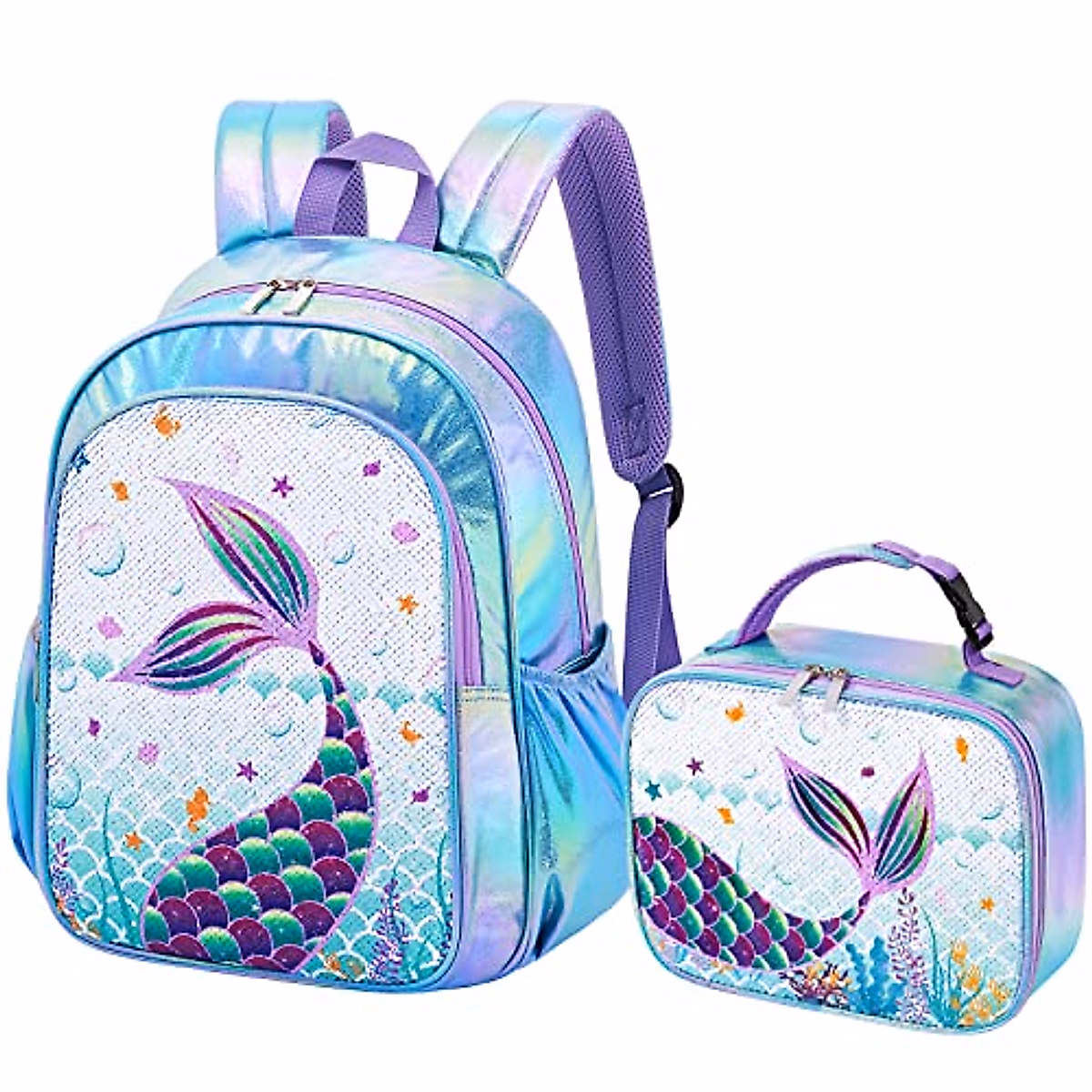WAWSAM Glitter Mermaid Backpack Set - Sparkly School Backpack with Lunch Box for Girls Preschool Kindergarten Elementary 15” Blue Hiking Travel Book Bag Schoolbag Insulated Lunch Bag