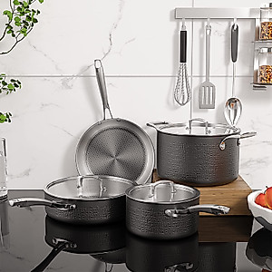 Homaz life Pots and Pans Set, Tri-Ply Stainless Steel Hammered Kitchen Cookware, Induction Compatible, Dishwasher and Oven Safe, Non-Toxic, Professional Grade Cooking Sets (Black, 7-Piece)