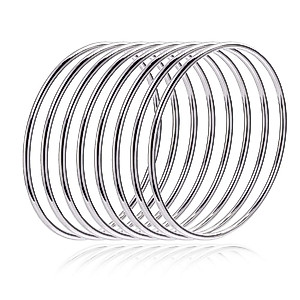 LinnaLove Fashion Shiny Thin Round Stainless Steel Bangle Bracelets for Women (1/3/5/8 Set)-Silver-8 Set