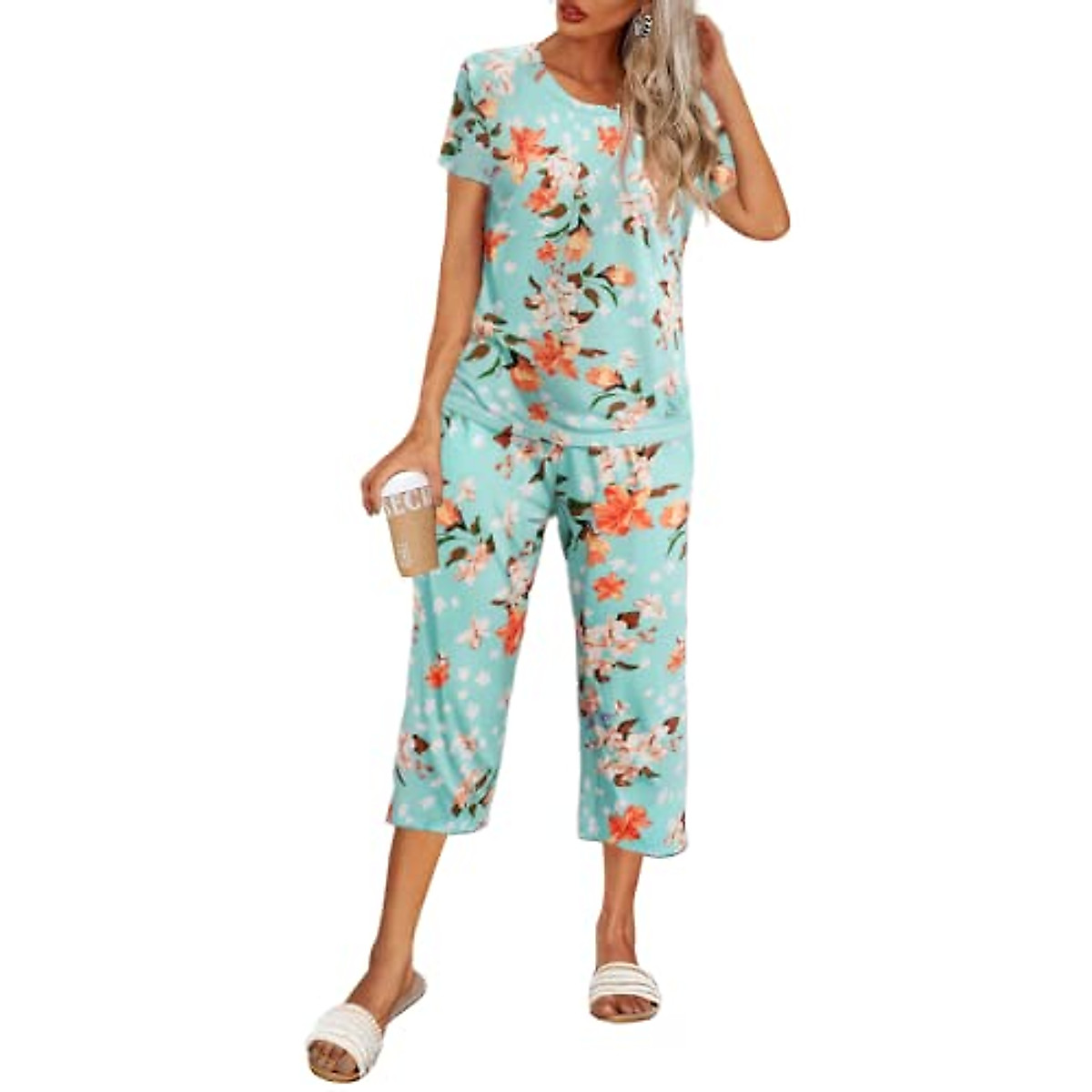 Ekouaer Women's Pajamas Short Sleeve Sleepwear Tops and Capri Pants Cute Print Pajama Sets with Pockets Green Flowers