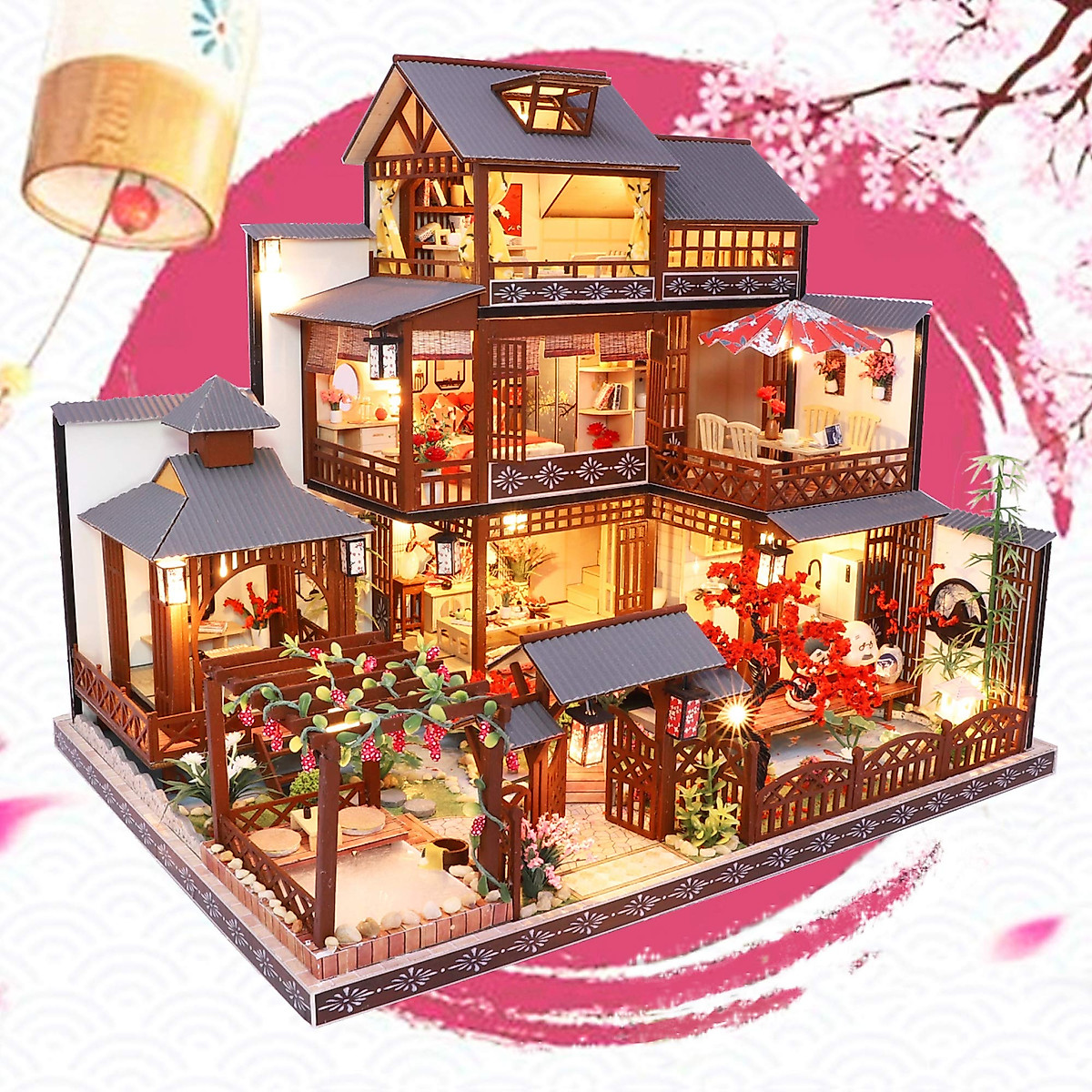 Spilay DIY Dollhouse Miniature with Wooden Furniture,DIY Dollhouse Kit Big Japanese Courtyard Model with LED & Music Box,1:24 Scale Creative Room Gift Idea for Adult Friend Lover (Yaquan Courtyard)