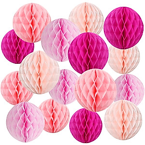 SUNBEAUTY 8'' Hanging Honeycomb Decorations Hot Pink Party Decoration Fuchsia Pink Paper Decoration for Birthday Wedding Graduation Events Accessories,Set of 16