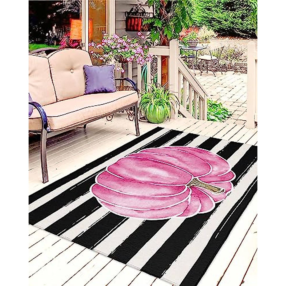 Outdoor Rug 4' x 6', Thanksgiving Fall Large Area Rugs for Patio/RV/Deck/Porch/Indoors, Black and White Striped Pink Pumpkin Water Absorption Camping Rug Carpet, Lightweight Washable Rug Runners