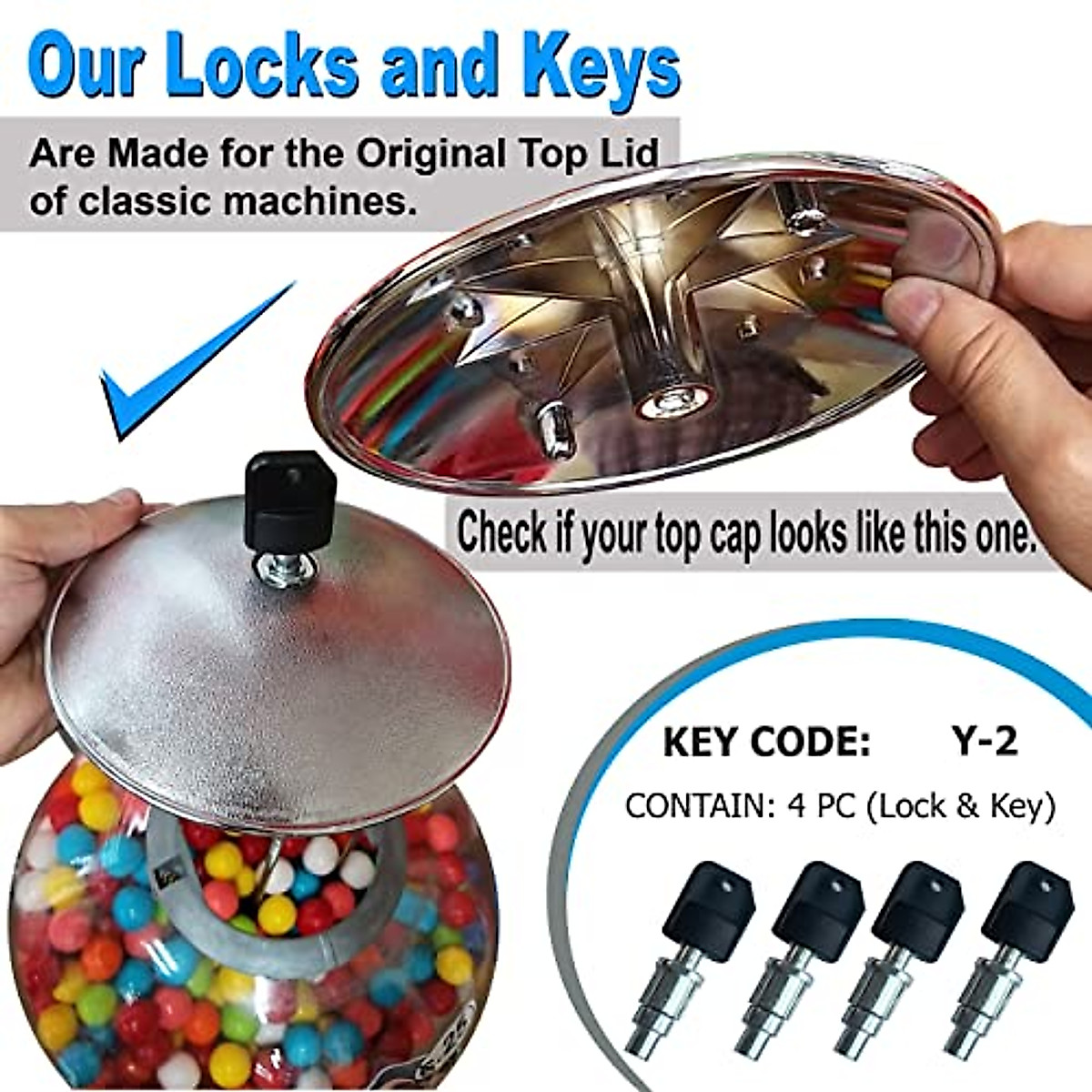 Locks & Keys Classic Gumball Machine - Vending Machines Top Lid Tubular Key Lock for Capsule, Candy, Gumball Vending Machine. Gumball Machine Lock and Key 1/4" Thread (4pc - Key Y2)