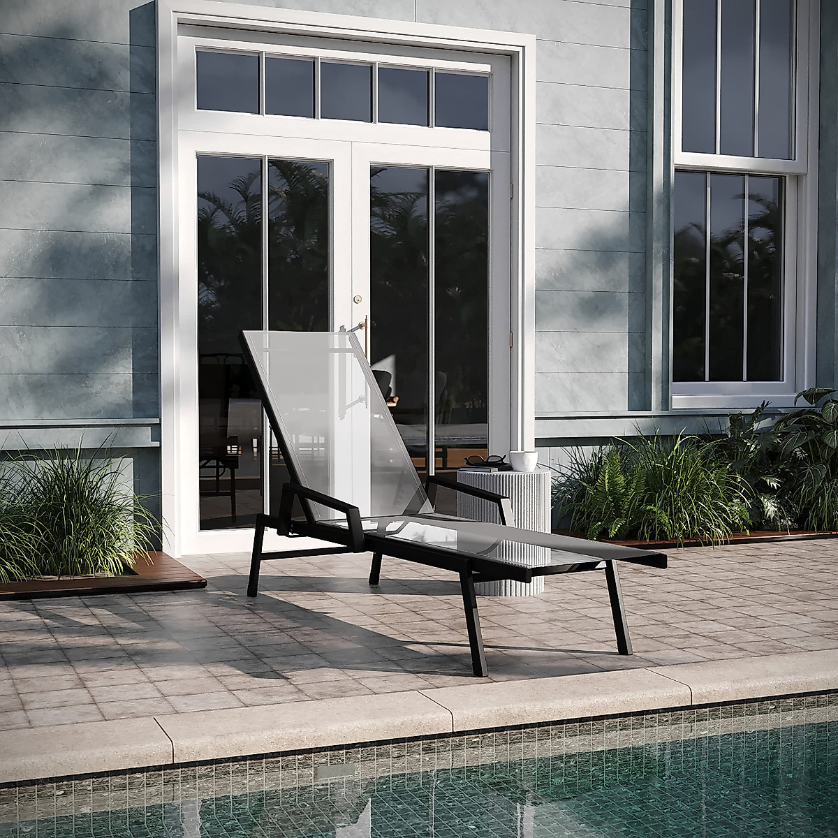 EMMA + OLIVER Braelin Adjustable Patio Chaise Lounge - Gray Textilene Seat - 5 Recline Positions - Metal Frame - All-Weather