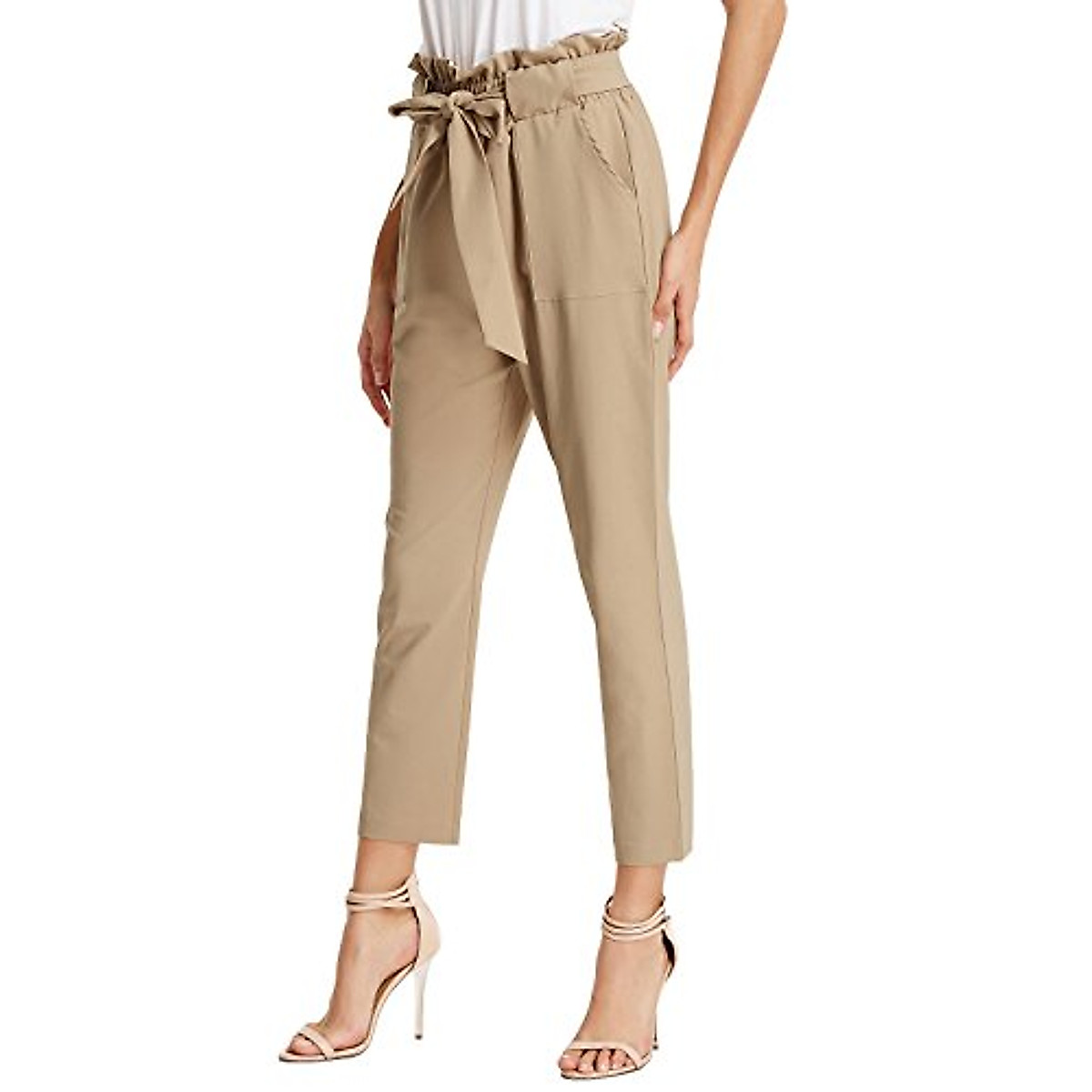 GRACE KARIN Women's Pants Cropped Paper Bag Waist Pants with Pockets Light Tan Size M