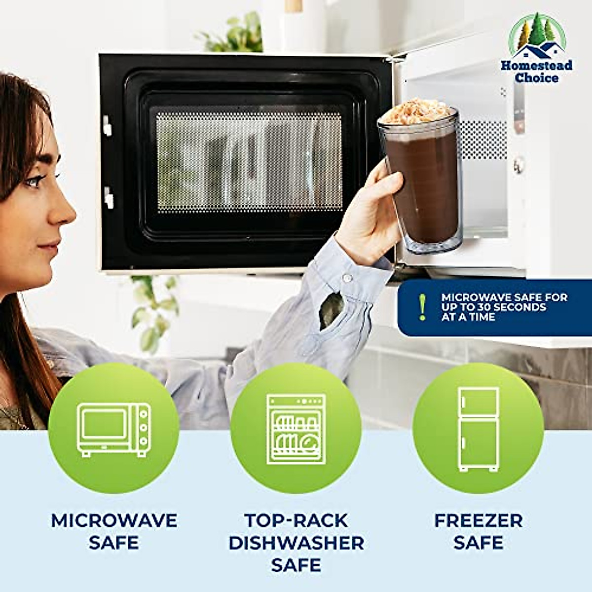 Insulated Drinking Glasses 16oz 4-pack - Made in USA Great for Iced Coffee & Hot Drinks, Clear Double Wall Plastic Tumbler Cups, Microwave, Freezer & Top Rack Dishwasher Safe Reusable Cups