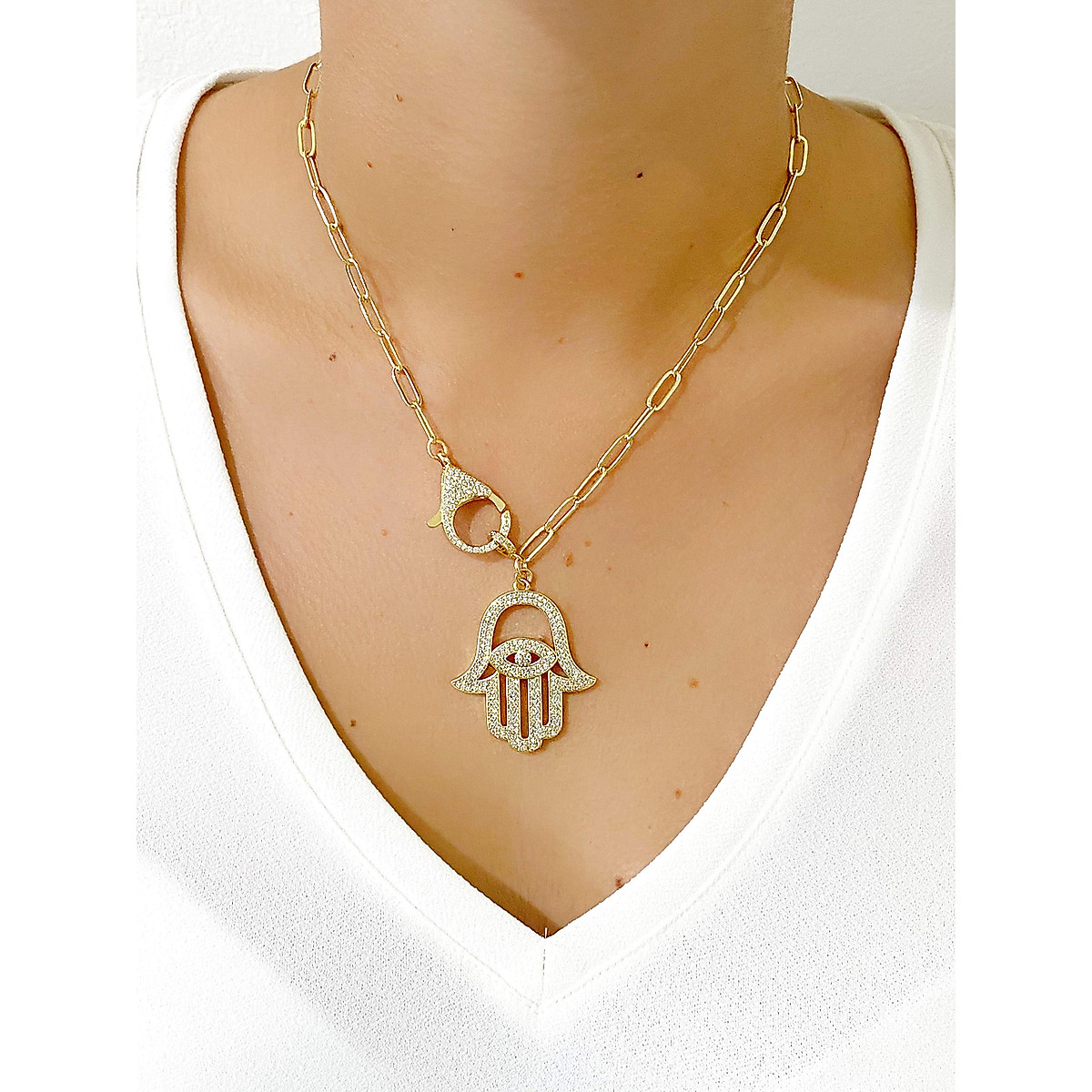 LESLIE BOULES Stunning Gold Hamsa Hand Necklace for Women 18K Gold Plated Chain Fashion Jewelry
