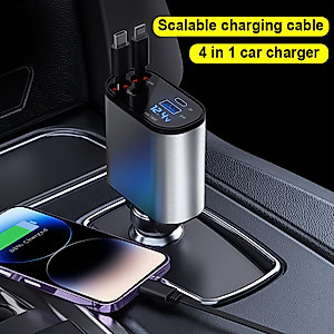 Retractable Car Charger, 4 in 1 USB C Car Charger 60W,Retractable Cables (2.6Ft) and 2 USB Ports Car Charger Adapter, Compatible with iPhone 15/14/13/12/11 Pro Max, Galaxy S23/ S22/S10,Google Pixel