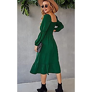 AOVDE Women's Square Neck 3/4 Sleeve Dress Solid Color High Waist Fall Dress Casual Party Flowy Midi Dress Green Small