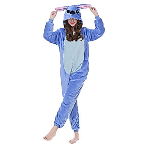Canday Stitch Jumpsuits Cartoon Unisex Pajamas Onesies Adult Soft Cosplay Halloween Sleepwear Teens Costume (Blue, Medium)
