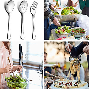 LIANYU Large Serving Spoons and Forks Set of 12, Stainless Steel Buffet Catering Dinner Party Slotted Serving Spoon Fork, 9.8 Inch, Mirror Finished, Dishwasher Safe