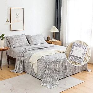 KaceMoo King Sheet Set 4PC Printed Sheets Beige Floral Pattern Boho Sheets Cooling Deep Pocket Microfibe Bed Sheet King Size, Luxury, Soft, Breathable, Hypoallergenic, Wrinkle Free for Kids Room, Dorm