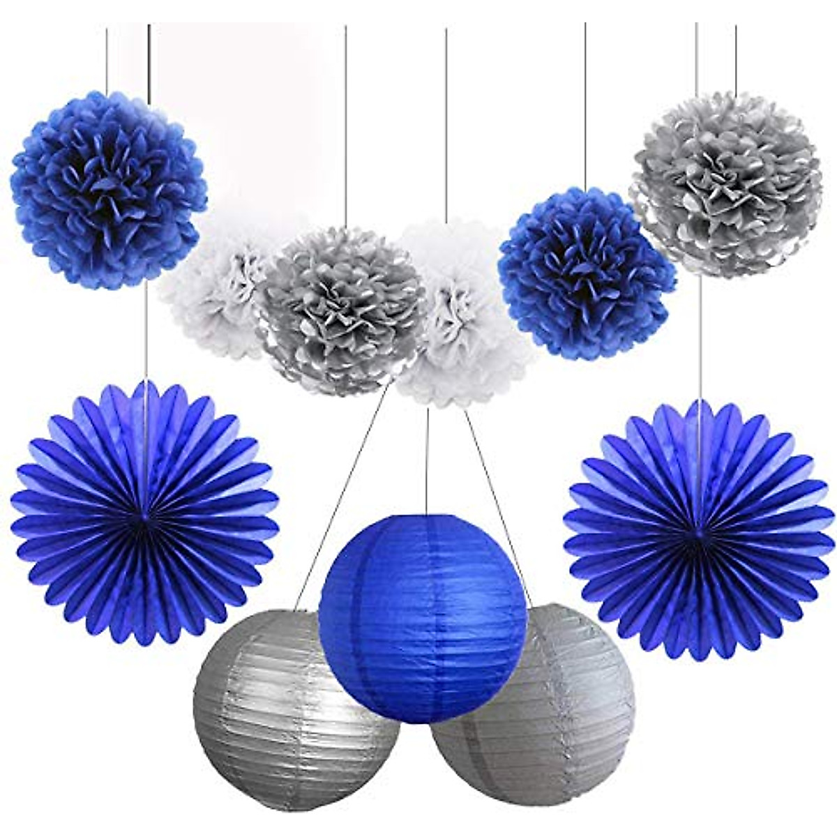 HEARTFEEL 11pcs Navy Blue Silver White Tissue Pom Poms Paper Lanterns Paper Fans Kit for Baby Shower, Bachorlette, Wedding, Birthday, Grad Party Decorations (Navy Blue,Silver,White)