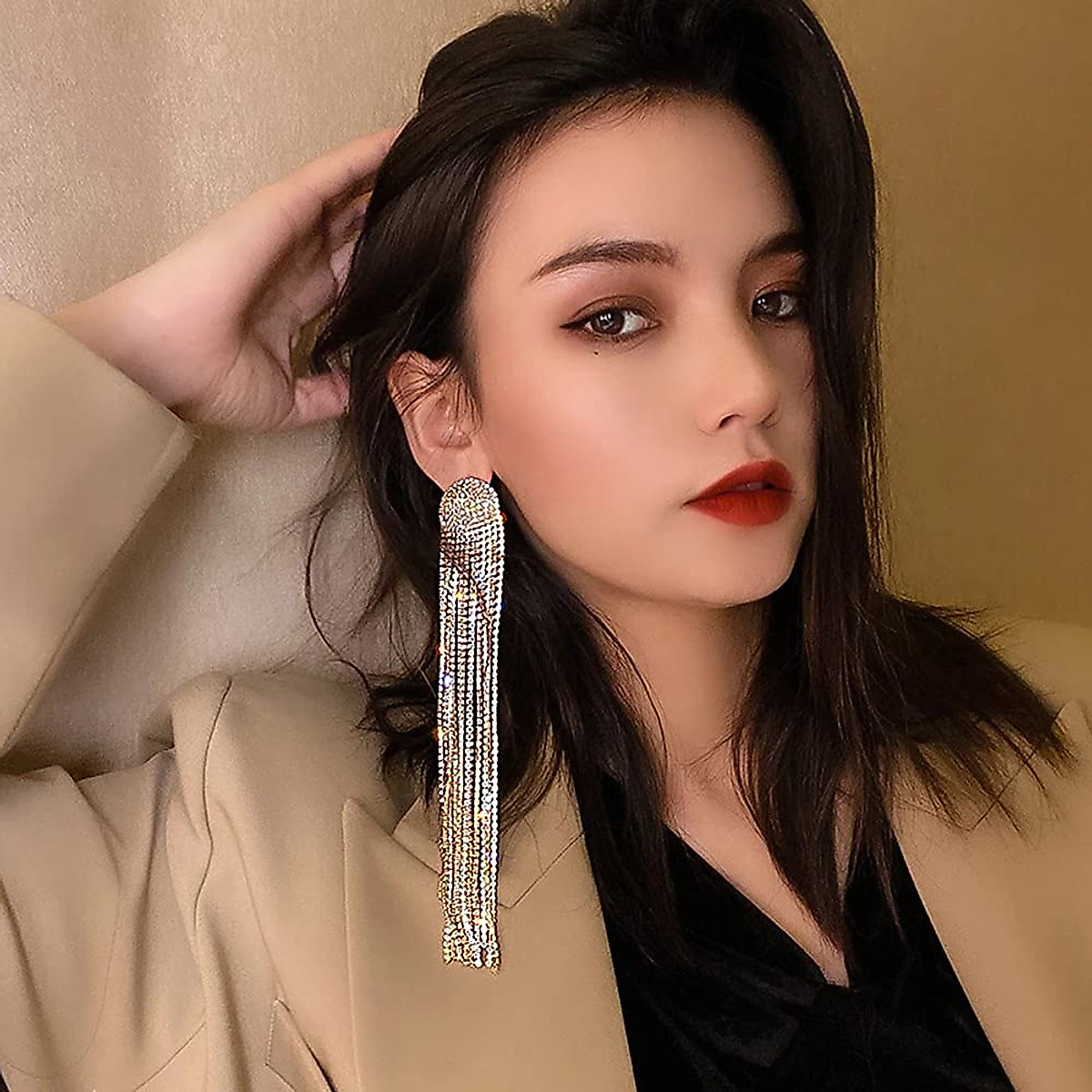 JYUEDA Long Tassel Gold Dangle Earrings for Women,Rhinestone Statement Drop Earrings Wedding Prom Dangling Earings Fashion Jewelry