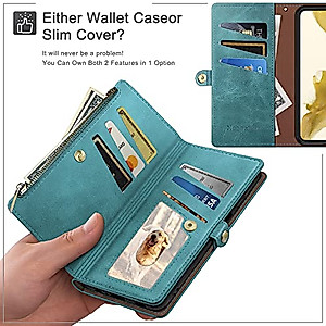 XcaseBar for Samsung Galaxy S22 Ultra Wallet case with Zipper 【RFID Blocking】 Credit Card Holder, Flip Folio Book PU Leather Phone case Shockproof Cover Women Men for Samsung S22Ultra case Blue Green