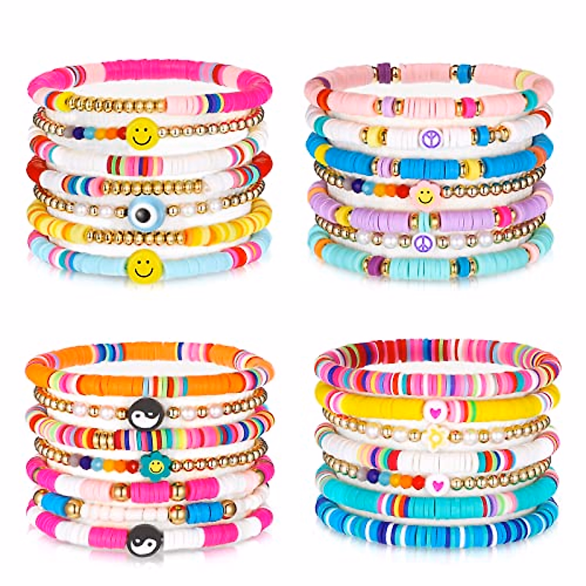28 Pcs 4 Set Heishi Surfer Bracelets Set Colorful Preppy Smile Evil Eye Beaded Stretch Bracelet Clay Stackable Boho Disc Party Gift Y2k Aesthetic Summer Beach Jewelry for Xmas Halloween (Cute Style)