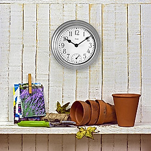 Equity 29007 Quartz Wall Clock with Temperature, 8", Metallic Silver,8 x 1.6 x 8 inches