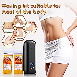 Roll On Wax Kit, Wax Roller Kit for Hair Removal, Depilatory Wax Roller Kit Includes 2 Honey Soft Wax Cartridge & 100 Non-Woven Wax Strips, Portable Wax Heater Machine for Women & Men