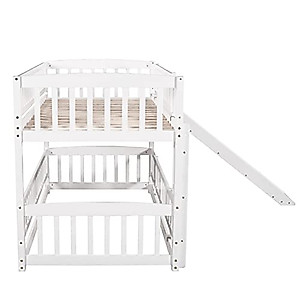 VilroCaz Twin Over Twin Low Bunk Bed with Door Openable Fence, Versatile Bunk Bed with Slide and Built-in Ladder, Solid Wood Bunk Bed Frame for Kids Teens Boys Girls (White)