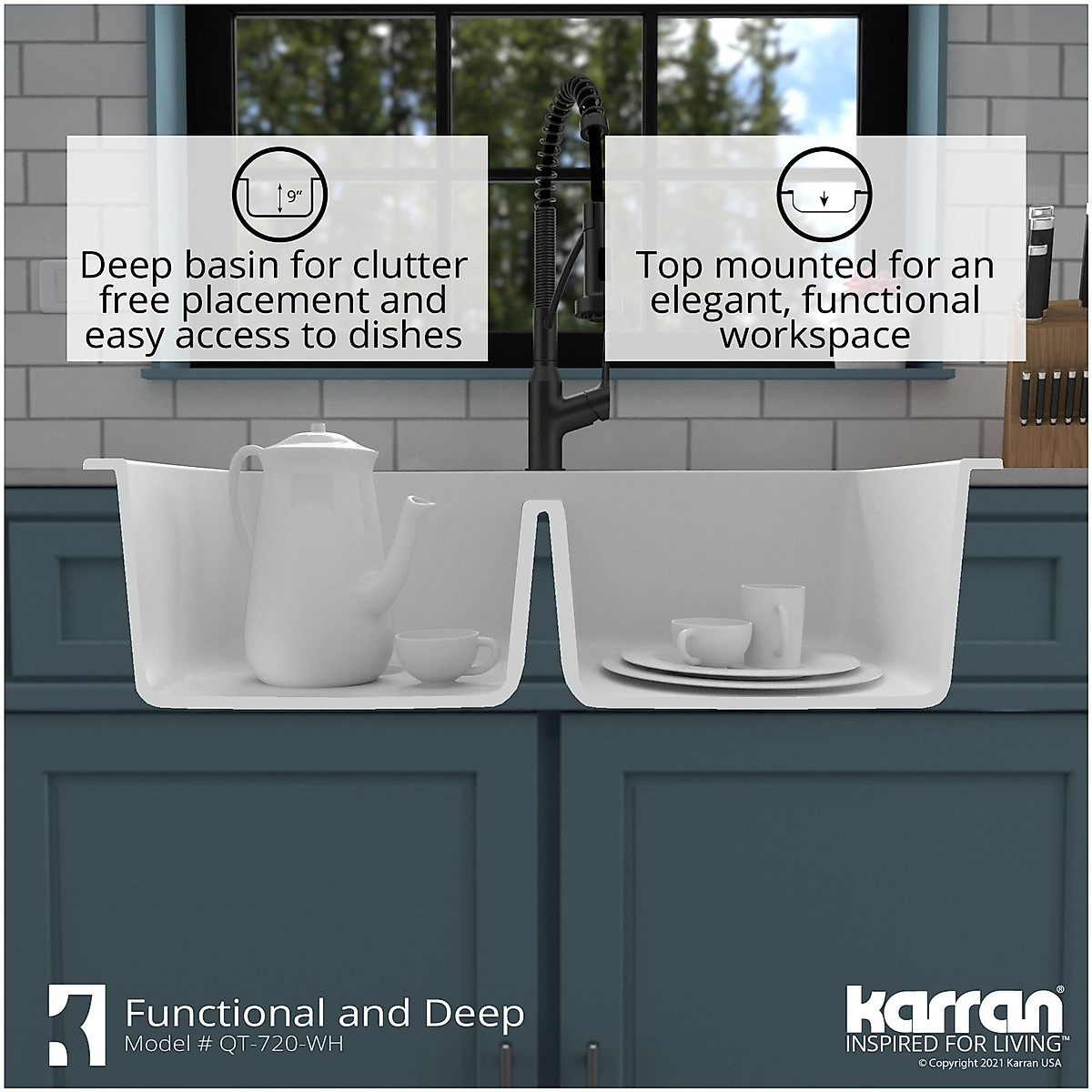 Karran QT-720 Drop-In Quartz Composite 34 in. 1-Hole 50/50 Double Bowl Kitchen Sink Kit in White