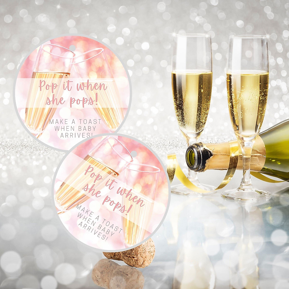 Crafters Cup Pop It When She Pops Champagne Tag | 30 Pack | 2.5'' inch Circle Tag with Pre-Cut Hole | Baby Shower Party Favor Tag | Pink Champagne Design for Baby Girl (Pop It Tag Pink), POP-CH-P-18